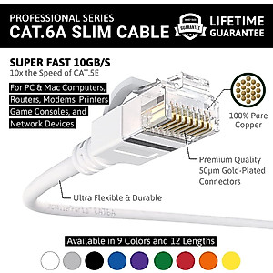 InstallerParts Ethernet Cable CAT6A Slim Cable UTP Booted 1 FT (10 Pack) - White - Professional Series - 10Gigabit/Sec Network/High Speed Internet Cable, 550MHZ, 28AWG