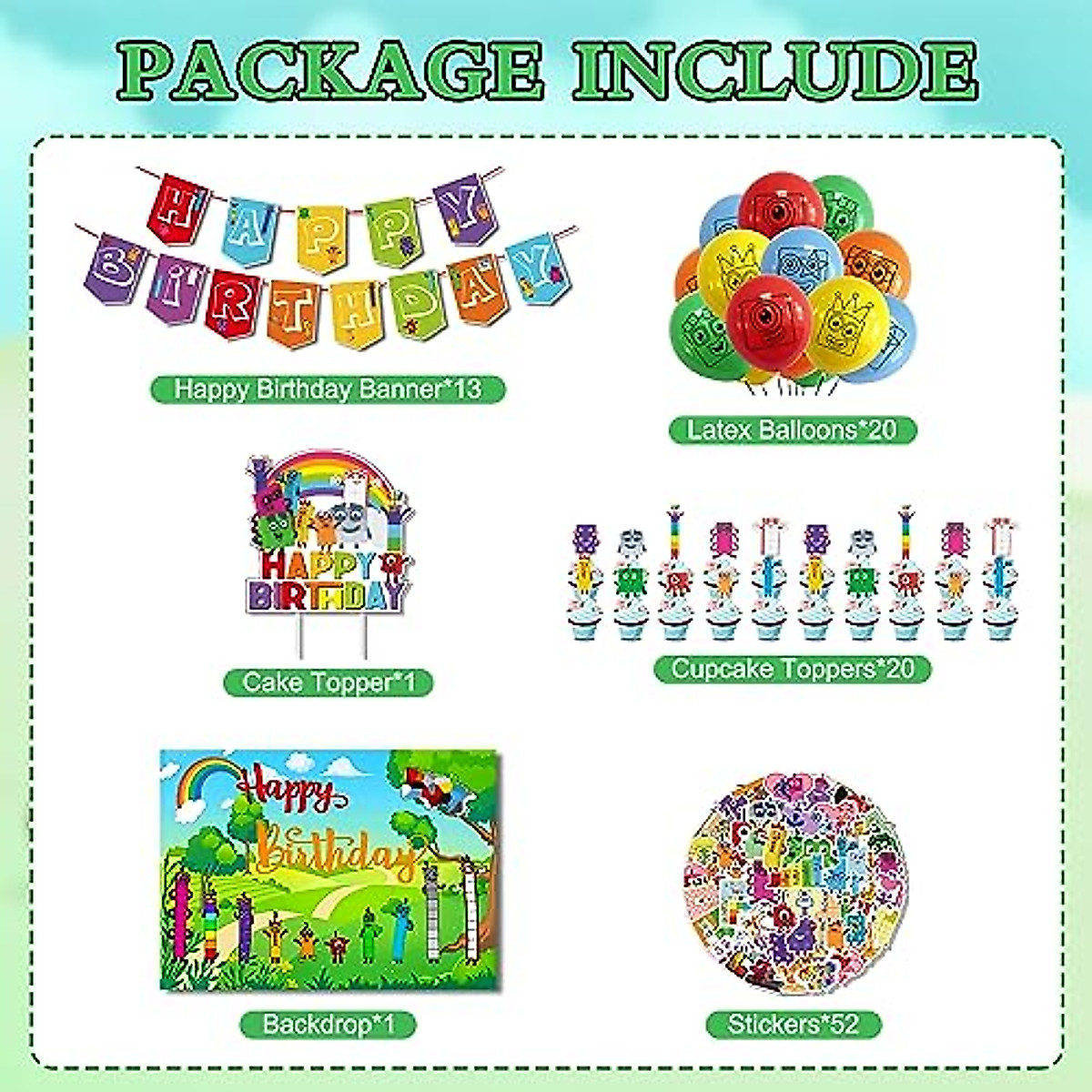 107 Pcs Number Blocks Birthday Party Supplies - Number Birthday Decorations Include Banner, Latex Balloons, Cake Topper, Cupcake Toppers, Backdrop, Stickers, Digital Themed Block Party Gift Sets