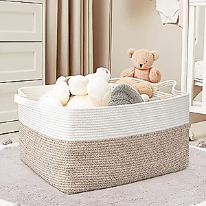 ZLG Extra Large Rectangle Storage Basket 72L Rope Blanket Basket Living Room Pillow Basket Baby Toy Organizer Woven Storage Bin for Kids with Handles Dirty Clothes Storage Hamper, 22 x 17 x 12 inches