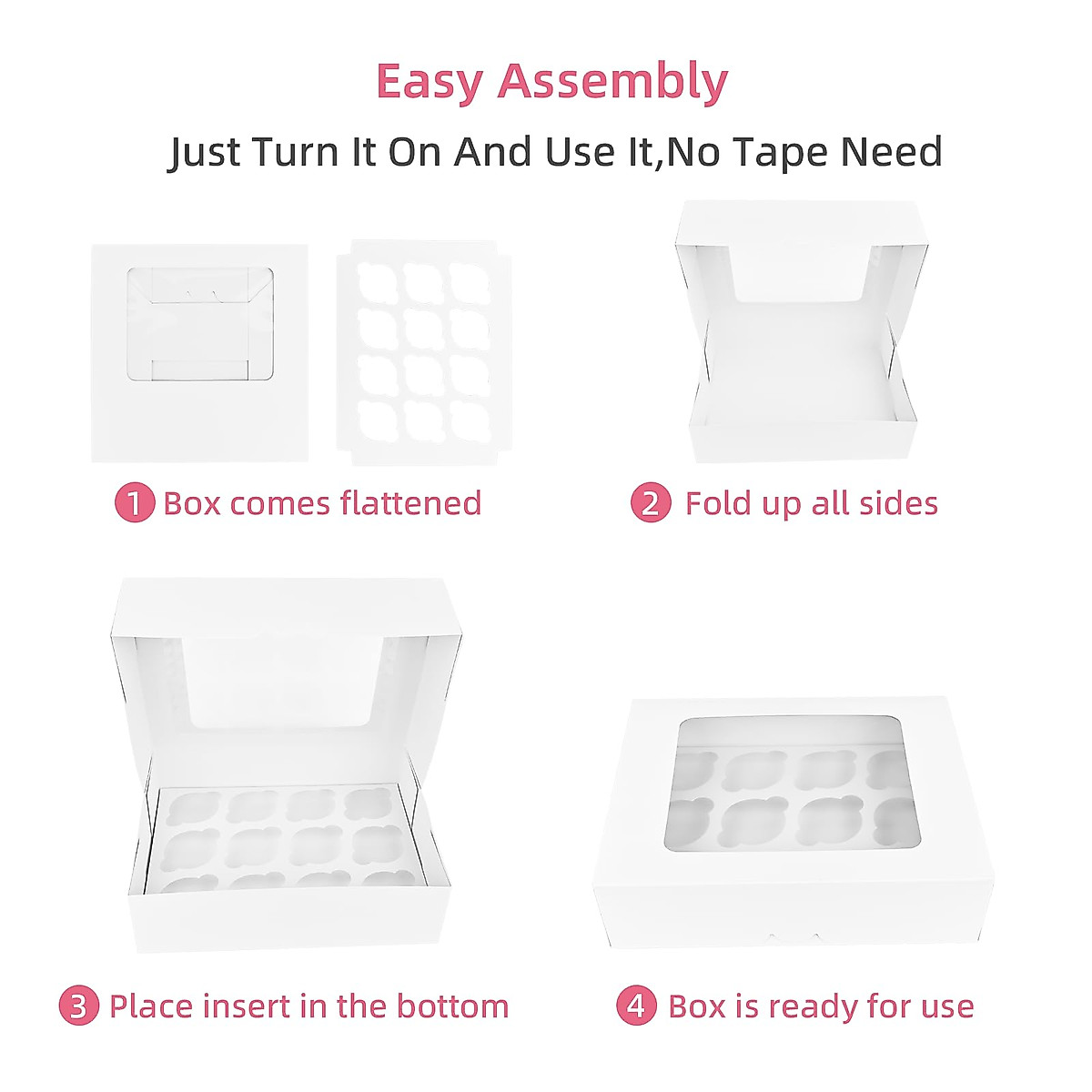 Fyrnova 6PCS Cupcake Boxes, White Cupcake Containers 12 Count with Window, Cookie Boxes, Food Grade Treat Boxes for Holiday, Wedding, Birthday Party, Bakery Supplies