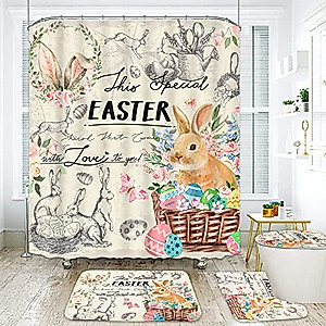 4 Pcs Easter Shower Curtain Sets with Non-Slip Rugs, Toilet Lid Cover, Bath Mat and 12 Hooks, Pink Rose Bunny Rabbit and Easter Eggs Spring Shower Curtains for Easter Day Bathroom Decoration