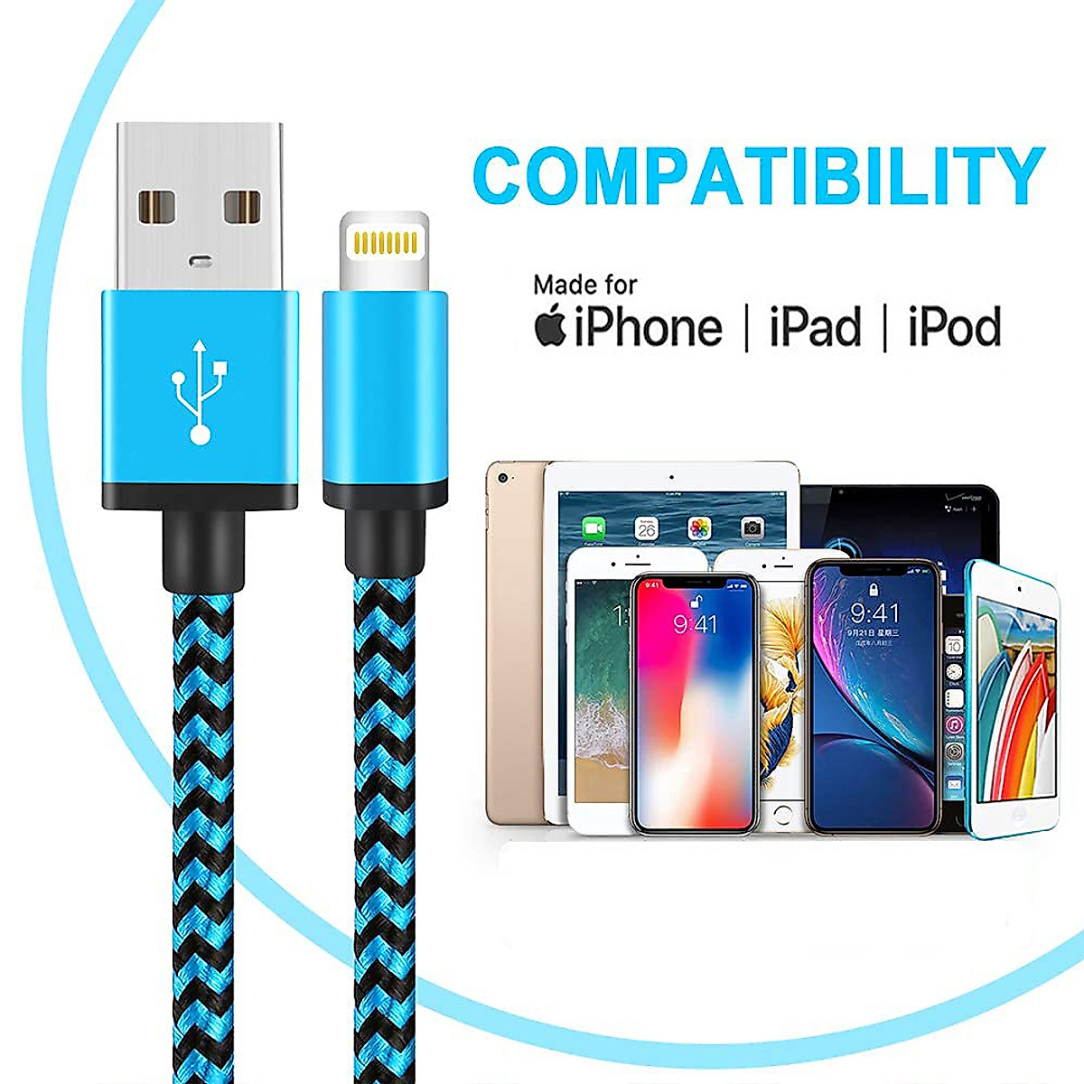 HDIIAOZ Phone Charger Founus Fast Charging Cable 6FT 3 Pack Nylon Braided High Speed Charging Cord Compatible with iPhone Xs X 8 8 Plus 7 7 Plus 6s 6s Plus 6 6 Plus iPad iPod Nano-(Blue,Orange,Green)