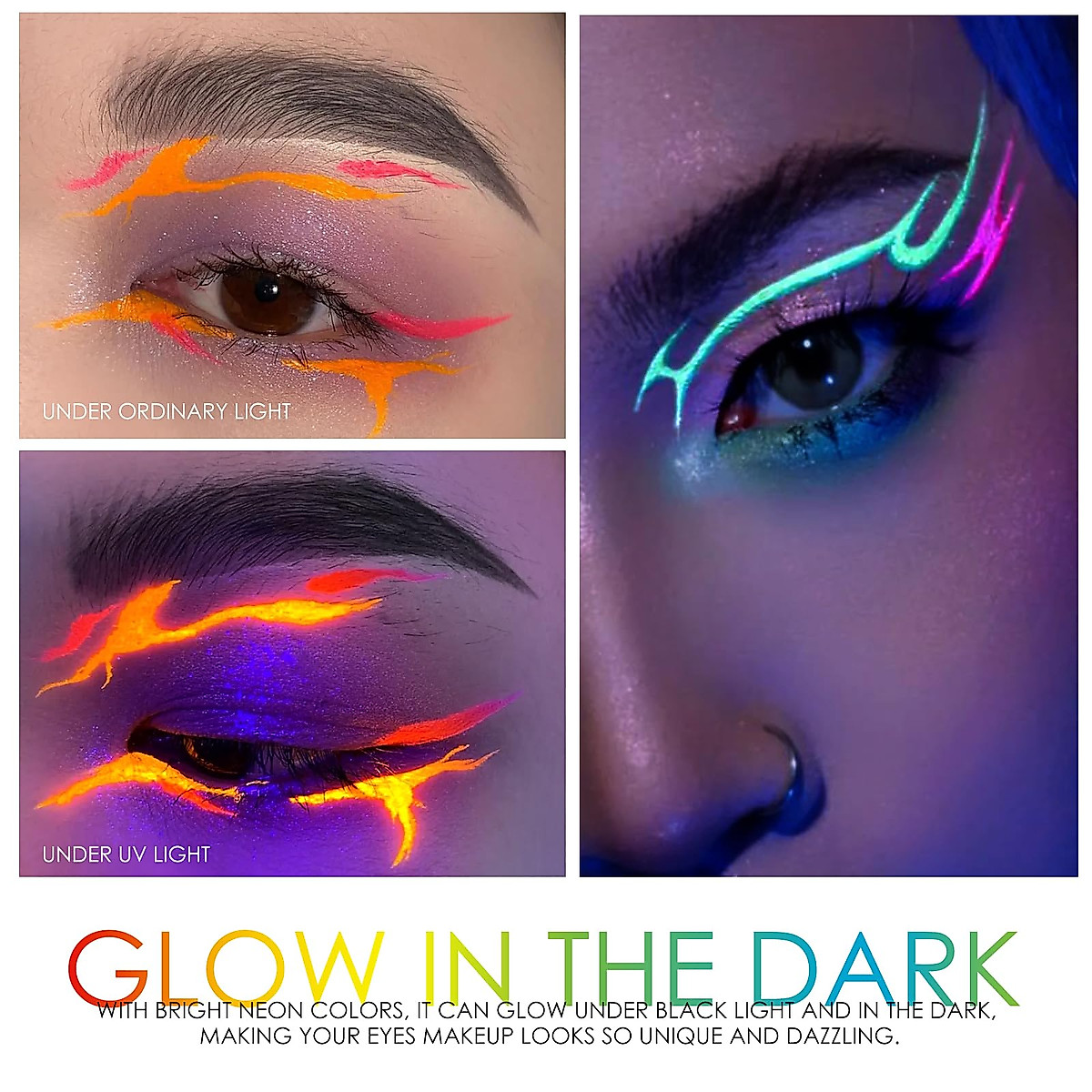 KYDA 8 Colors Neon Glow Liquid Eyeliner, Lasting Neon Matte Tint, Glow in the Dark Liner Pen, Quick Dry Fluorescent Rainbow Eyes Makeup, Under the Blacklight Colorful Eyeliner, by Ownest Beauty