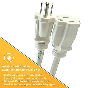 Woods 277563 Outdoor Extension Power Block, Weatherproof with Reinforced Blades, Heavy Duty Vinyl Jacket, Durable Cord, Tangle Free, 8-Foot, White