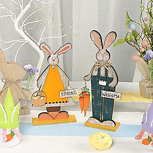 SY Super Bang 2pcs Retro Bunny Easter Wooden Decorations, Rustic Rabbit Tabletop Decor for Centerpiece Home Farmhouse Party Spring Summer Holiday.