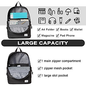 RAVUO School Backpack for Men Women, Ultra Lightweight Basic Bookbags Casual Daypack Black Backpack for Kids Teen Girls Boys