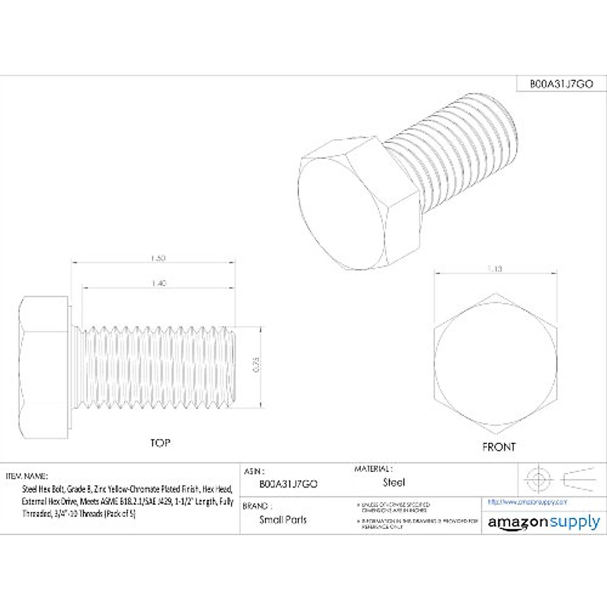Steel Hex Bolt, Grade 8, Zinc Yellow-Chromate Plated Finish, Hex Head, External Hex Drive, Meets ASME B18.2.1/SAE J429, 1-1/2" Length, Fully Threaded, 3/4"-10 Threads (Pack of 5)