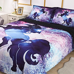 Wowelife Unicorn Full Size Bedding Set 5 Pieces Unicorn Comforter Sets Blue 3D Kids Comforter Sets Bedding Set Breathable with Comforter, Flat Sheet, Fitted Sheet and 2 Pillowcases