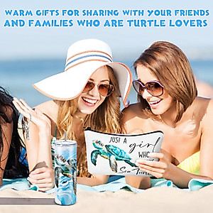 Qinyoung 3 Pcs Sea Turtle Gifts for Women Funny Birthday Gifts 20oz Blue Tumbler Who Loves Turtles Makeup Bags Don't Forget You Are Turtley Awesome Keychain for Ocean Beach Themed Party Mothers Day