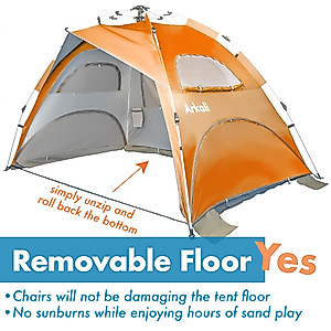 Arkali Beach Sun Shade Pop Up, Easy Pop Up Sun Shelter, Floor-Less Instant Beach Tent, UPF 50+, Orange, Size XL for Family 3 to 4 People