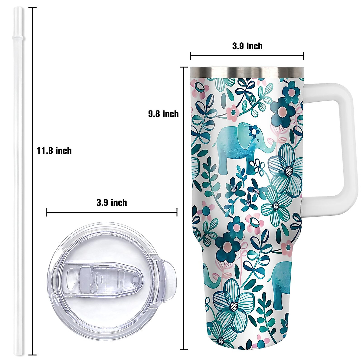 Puhnhsv 40 oz Insulated Stainless Elephant Tumbler With Handle and Straw, 40oz Coffee Travel Mugs Cup Water Bottle Elephant Lovers Gifts for Women Girls