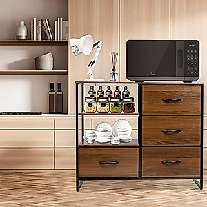 CONNOO Fabric Dresser with 4 Drawers and 2 Side Shelf, Lightweight Industrial Storage Unit Organizer for Entryway, Bedroom, Nightstand, Office, Kitchen