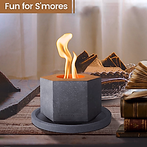 Kante 5.5 in. W Hexagonal Column Portable Concrete Rubbing Alcohol Tabletop Fire Pit w/Metal Extinguisher, Blue Fire Glass & 7.2 in. Dark Gray Base,Ethanol Fireplace,Indoor Tabletop Fire Pit Bowl Pot