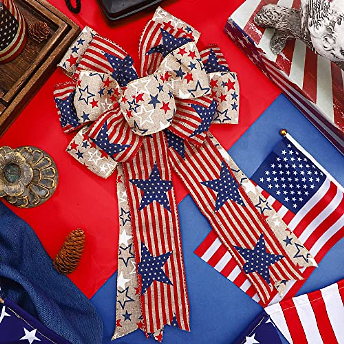 2 Pcs Patriotic Bow Wreath 4th of July Memorial Day Red White Blue Star Burlap American Flag Bow Memorial Day Bow for Indoor Outdoor Tree Topper Independence Day Party Decoration (Classic Style)