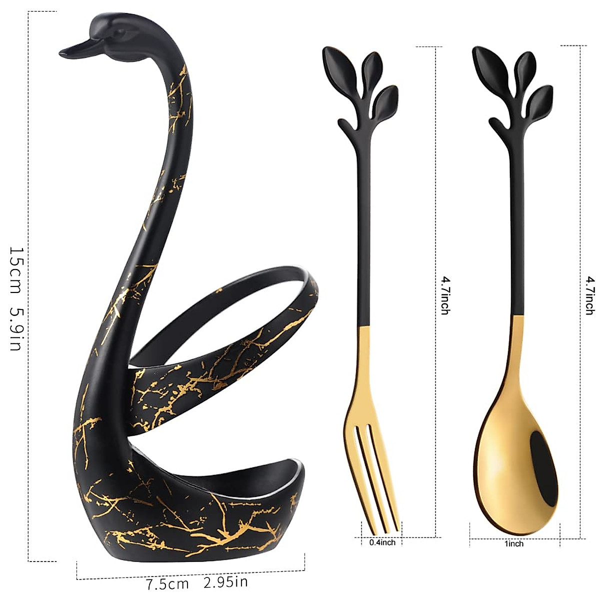 AnSaw Black Swan Base Holder with 5-Pieces 4.7-inch Small Coffee Spoons And 5-Pieces Dessert Fork,Leaf Handle Set (Black & Gold)