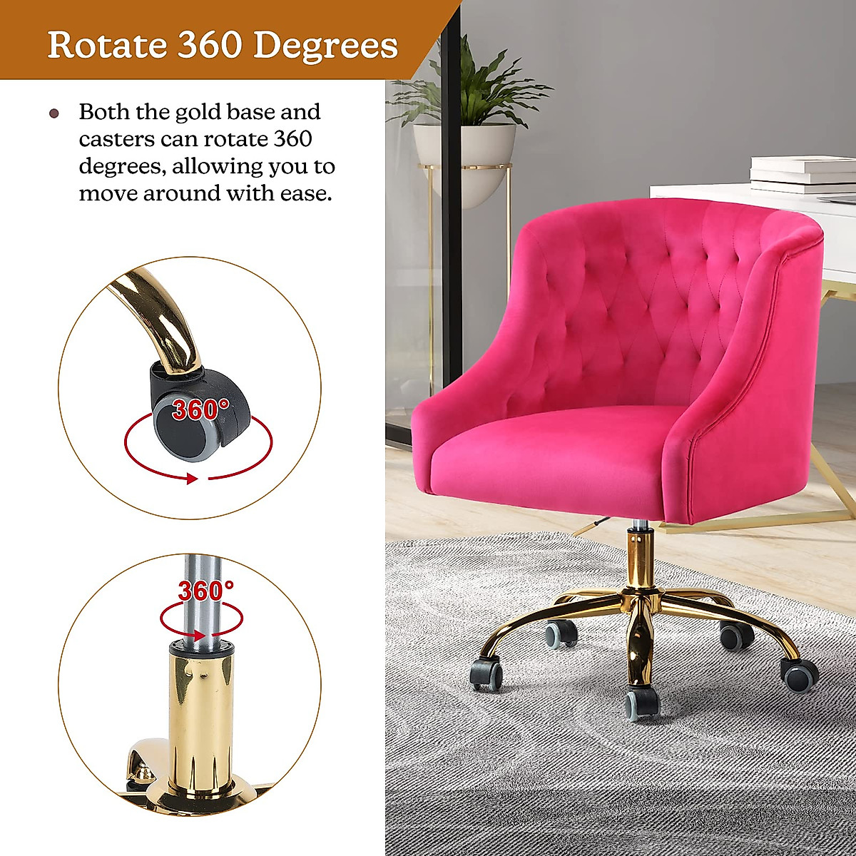 Velvet Home Office Chair with Gold Base, Comfortable Modern Cute Desk Chair, Adjustable Swivel Task Chair for Living Room Bedroom Vanity Study, Fushia