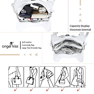 Angelkiss Women Multiple Pockets Purses and Handbags Washed Leather, Two Top Zippers Closure, White