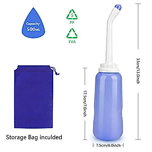 2 Pack Portable Bidet Sprayer Peri Bottle, Number-one Travel Bidet Bottle 500ml 17oz Personal Hygiene Care Toilet Bidet Shower with 2 Nozzles, Dust Cap and Storage Bag for PostPartum Care and Recovery