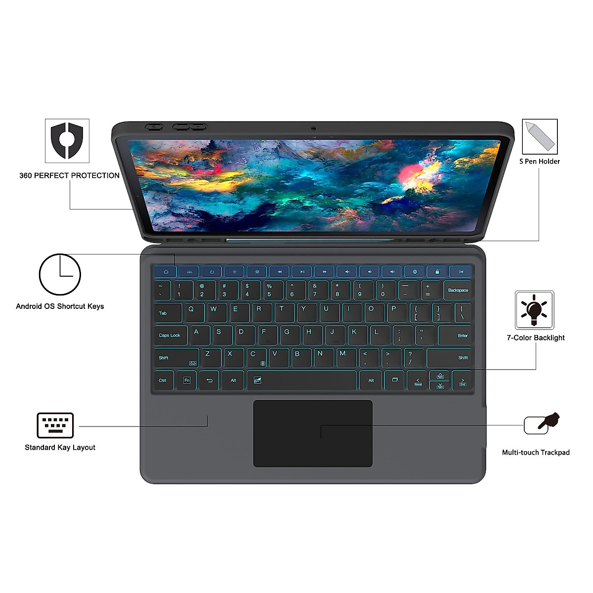 HEAPAO Galaxy Tab S7 FE/S7 Plus/S8 Plus Case with Detachable Keyboard - 7 Color Backlit, Smart Touchpad, Multi-Angle Stands - Keyboard Cases for 12.4" Samsung Galaxy Tab S8+ 2022/S7 FE 2021/S7+ 2020