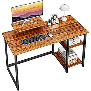 GreenForest 39 inch Walnut Computer Desk with Monitor Stand and Reversible Storage Shelves and 69 inch L Shaped Desk with Drawers and with Power Outlet