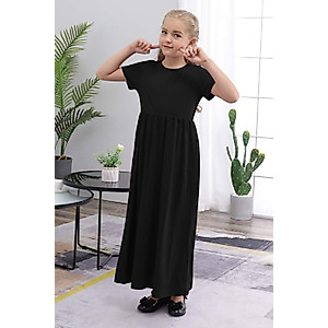 GORLYA Girl's Short Sleeve Floral Print Loose Casual Holiday Long Maxi Dress with Pockets (14Years/Height:160cm, Black Color)