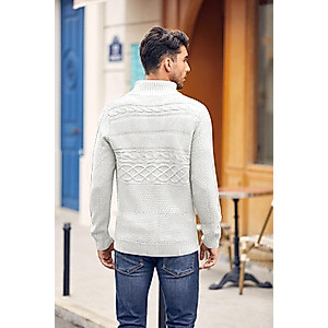 Karlywindow Mens Cable Knitted Cardigan Sweater Turtleneck Long Sleeve Slim Fit Winter Zipper Front Casual Pullover Sweaters
