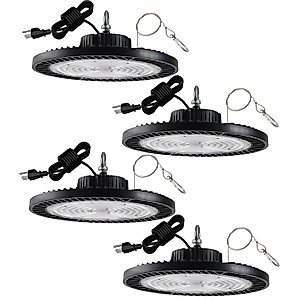 Fiqevs 4 Pack 400W LED High Bay Lights, 56,000LM Plug & Play Commercial Bay Lighting, 5000K Daylight, Ac100-277V, 5' Cable, Safe Rope Included, UFO High Bay for Warehouse Shop Barn - ETL Listed