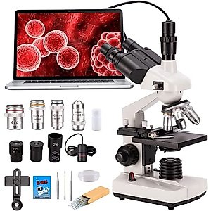 Compound trinocular Microscope, 40X-5000X Magnification, Digital Laboratory trinocular Compound LED Microscope with USB Camera and Mechanical Stage, WF10x and WF20x eyepieces, Abbe Condenser