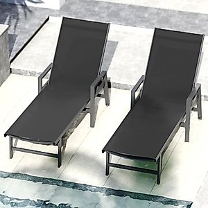 WOAJUQO Aluminum Chaise Lounge Chair Outdoor (Set of 2) -Patio Lounge Chair with Wheels and 5-Position Adjustable Backrest and Outdoor Recliner Full Flat Tanning Chair for Beach,Patio,Lawn,Pool,Black