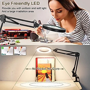 LED Magnifying Glass Desk Lamp with Clamp ,3 Color Modes 10 Levels Dimmable Adjustable Swivel Arm for Reading Rework Craft Workbench