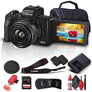 Canon EOS M50 Mark II Mirrorless Digital Camera with 15-45mm Lens (Black) (4728C006) + 64GB Extreme Pro Card + Extra LPE12 Battery + Case + Card Reader + Cleaning Set + Memory Wallet + More (Renewed)