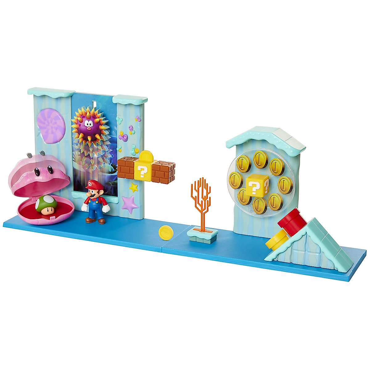 Nintendo Super Mario Deluxe Underwater Playset with 5 Interactive Environmentpiece – Includes 2.5” Mario Figure, 1-Up Mushroom Accessory & Warp Pipe Coin Launcher