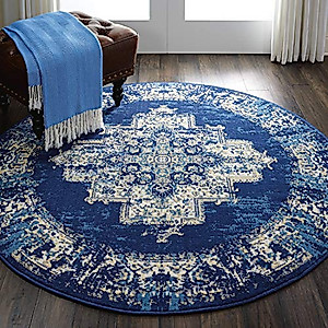 Nourison Grafix Persian Navy Blue 4' x ROUND Area -Rug, Easy -Cleaning, Non Shedding, Bed Room, Living Room, Dining Room, Kitchen (4 Round)