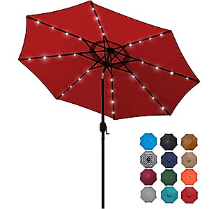 Blissun 9 ft Solar Umbrella 32 LED Lighted Patio Umbrella Table Market Umbrella with Tilt and Crank Outdoor Umbrella for Garden, Deck, Backyard, Pool and Beach (Red)