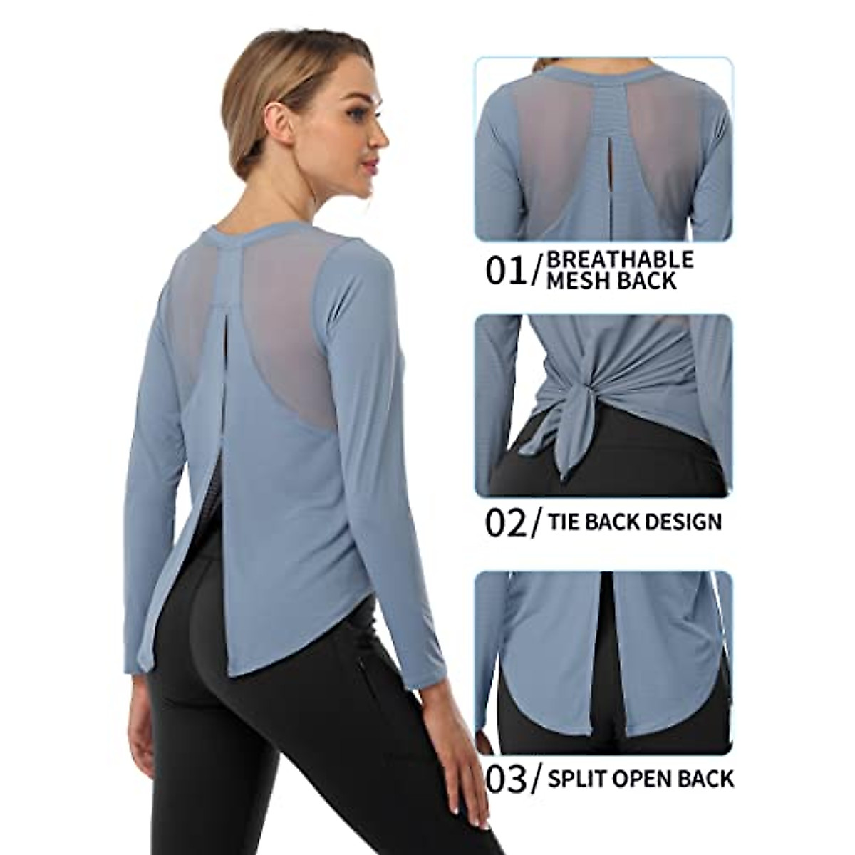 ATTRACO Women's Activewear Tops Long Sleeve Loose Fit Open Back Yoga Workout Shirts Blue L