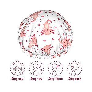 Shower Cap Axolotl Reusable Bath Shower Caps For Women Long Hair, Double Layer Waterproof Bathing Shower Hat Hair Protector For Kids Girls Women, 1 Pack
