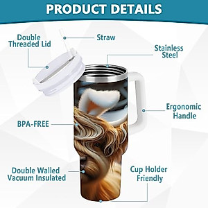 RPLIFE Easter Cute Highland Bunny Ears 40 Oz Tumbler with Handle, Stainless Steel Water Bottle with Straw, Coffee Tumbler