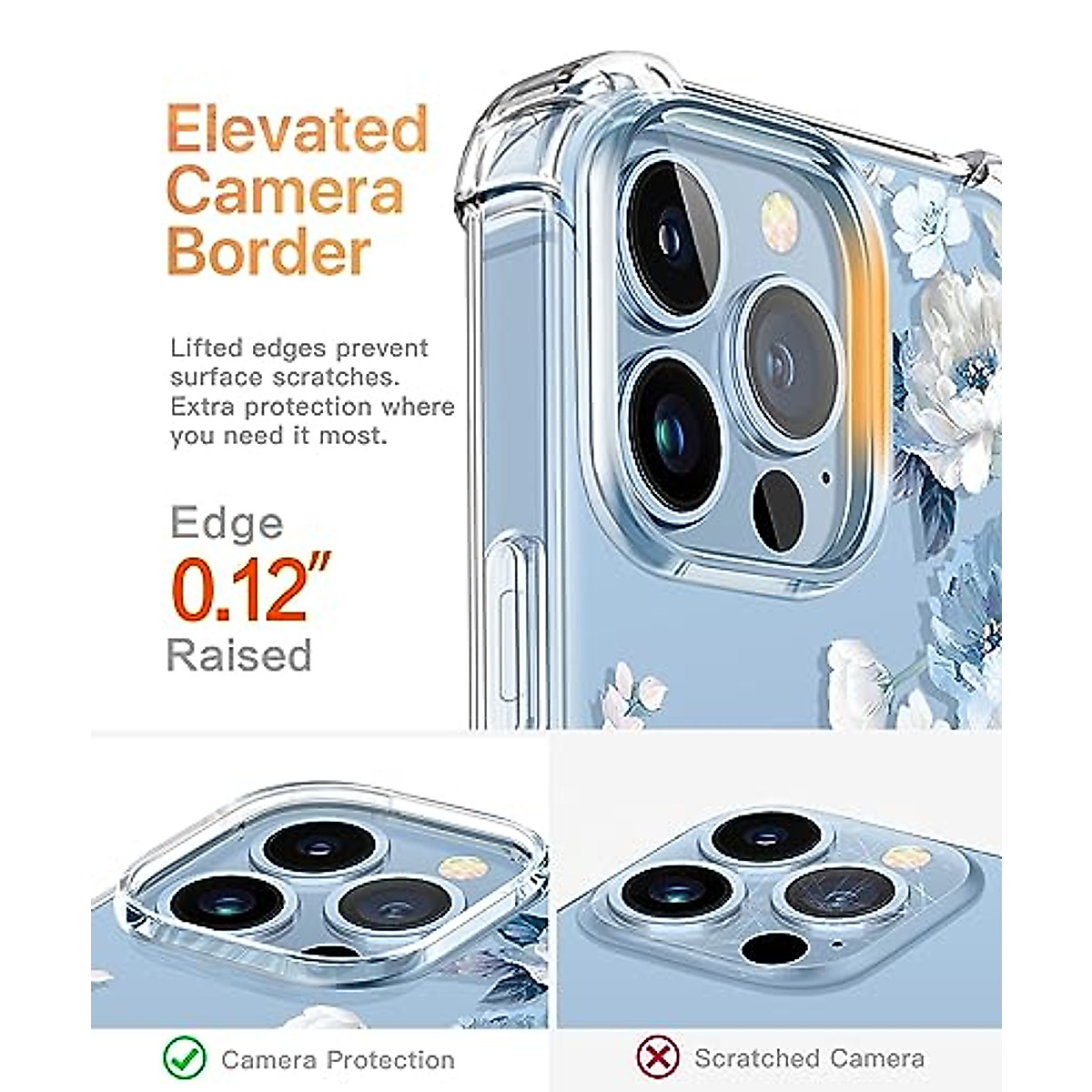 GVIEWIN for iPhone 13 Pro Case with Screen Protector & Camera Lens Protector, [10FT Military Grade Drop Protection] Clear Shockproof Slim Fit Floral Phone Case for Women Girls (Rosa Chinensis/Blue)