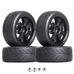 4PCS Width:1.02" (26mm) OD 2.56"(65mm) Rubber Tires & Wheel Rims 12mm Hex Hub For 1/10 Scale RC Vehicle On Road Touring Car