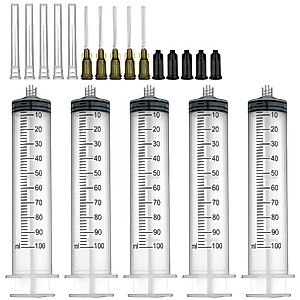 5 Pack 100ml Syringes with 14G 1.0'' Blunt Tip Needles and Storage Caps(Luer Lock), Plastic Reusable Syringe for Glue Applicator, Oil Dispensing Multiple Uses