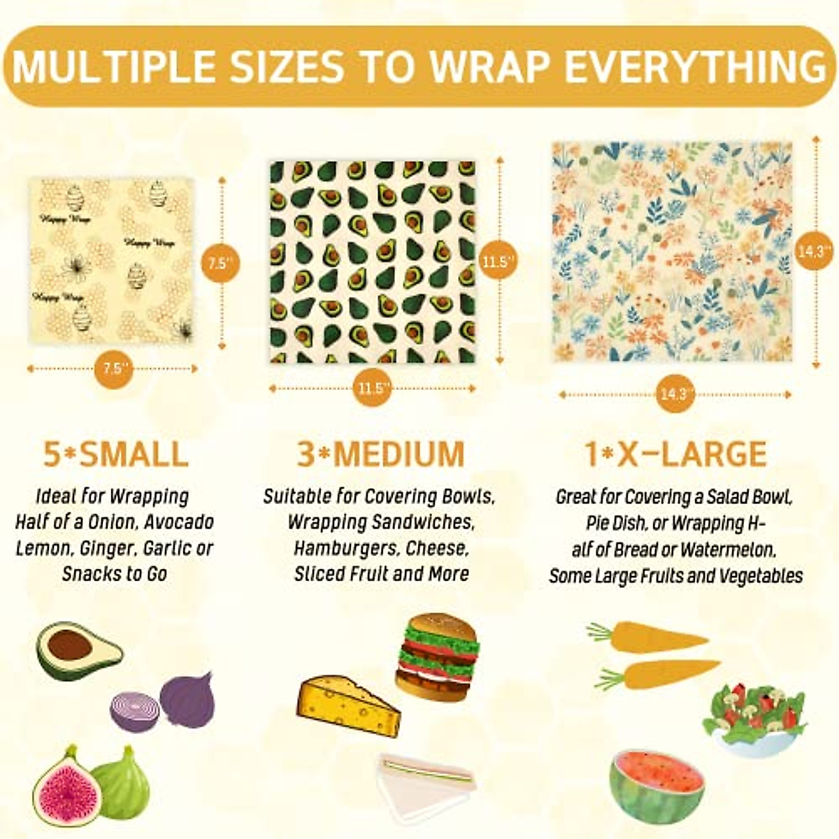Reusable Beeswax Wrap - 9 Pack Beeswax Wraps for Food, Eco-Friendly Beeswax Food Wraps, Bread Sandwich Wrapper - Organic, Sustainable, Zero Waste, Reusable Plastic-Free Food Wrap, 1XL, 3M, 5S