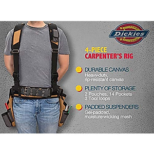 Dickies 4-Piece Carpenter's Rig, Padded Tool Belt Suspenders, Cooling Mesh, Tool Belt, Steel Buckle, Grey/Tan, 3.8 lb.