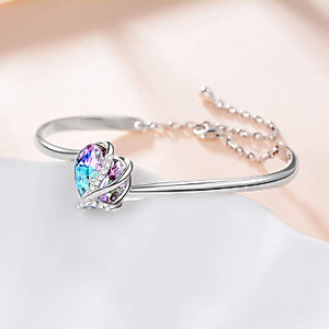 AOBOCO Love Heart Bangle Bracelet Sterling Silver Women Bracelet Embellished with Blue-purple Crystals from Austria, Fine Anniversary Birthday I Love You Jewelry Gifts for Wife Girlfriend Daughter