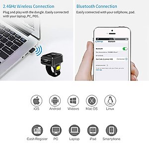 Symcode 2D Bluetooth Wireless QR Barcode Scanner,Portable Ring Wearable Finger 1D 2D Mini Bar Code Reader Scanner Suppot Screen Scanning with Bluetooth & 2.4GHz Wireless & Wired Connection Scanner