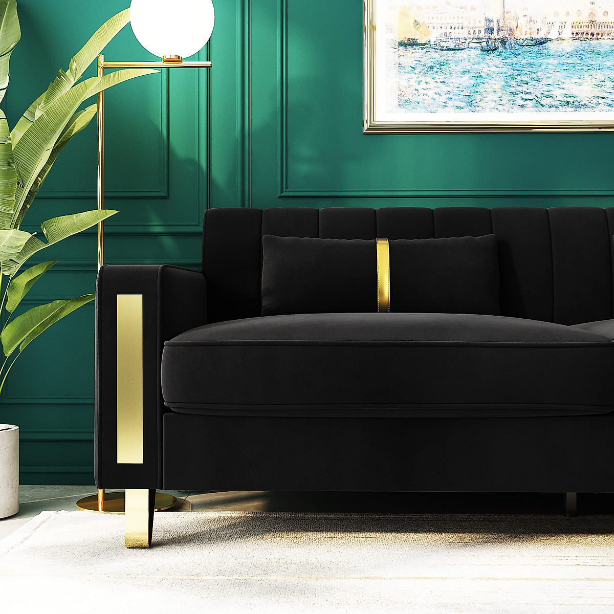 ANTTYBALE Couch 85.62" 3 Seats Sectional Velvet Fabric Sofa Easy Assemble Sofa Bed with 2 Couch Pillows,Gold Metal Legs for Living Room (P17, Black)
