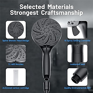 High Pressure Shower Head with Handheld - Filtered Shower Head with Pause and Jet 𝟏𝟎 Spray Modes, 5 Inch Removable Powerful High Pressure Showerhead with Extra Long Hose and Detachable Filter Wand