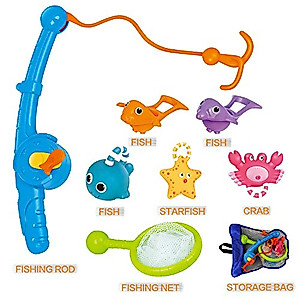 Bath Toy, Fishing Floating Squirts Toy and Water Scoop with Organizer Bag(8 Pack), KarberDark Fish Net Game in Bathtub Bathroom Pool Bath Time for Kids Toddler Baby Boys Girls, Bath Tub Spoon