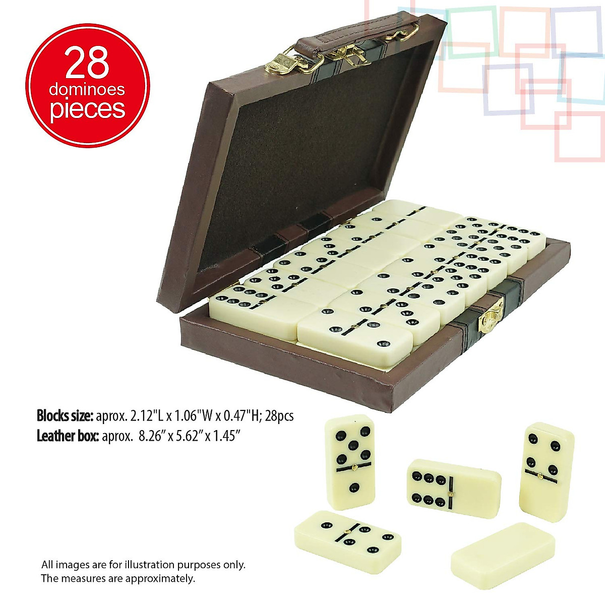 ERLLE Dominos Set Game. Premium Classic 28 Pieces Double Six Domino. Durable Leather Box. Kids, Boys, Girls, Party Favors and Anytime Use. Duoble 6 Dominoes. (Pro)