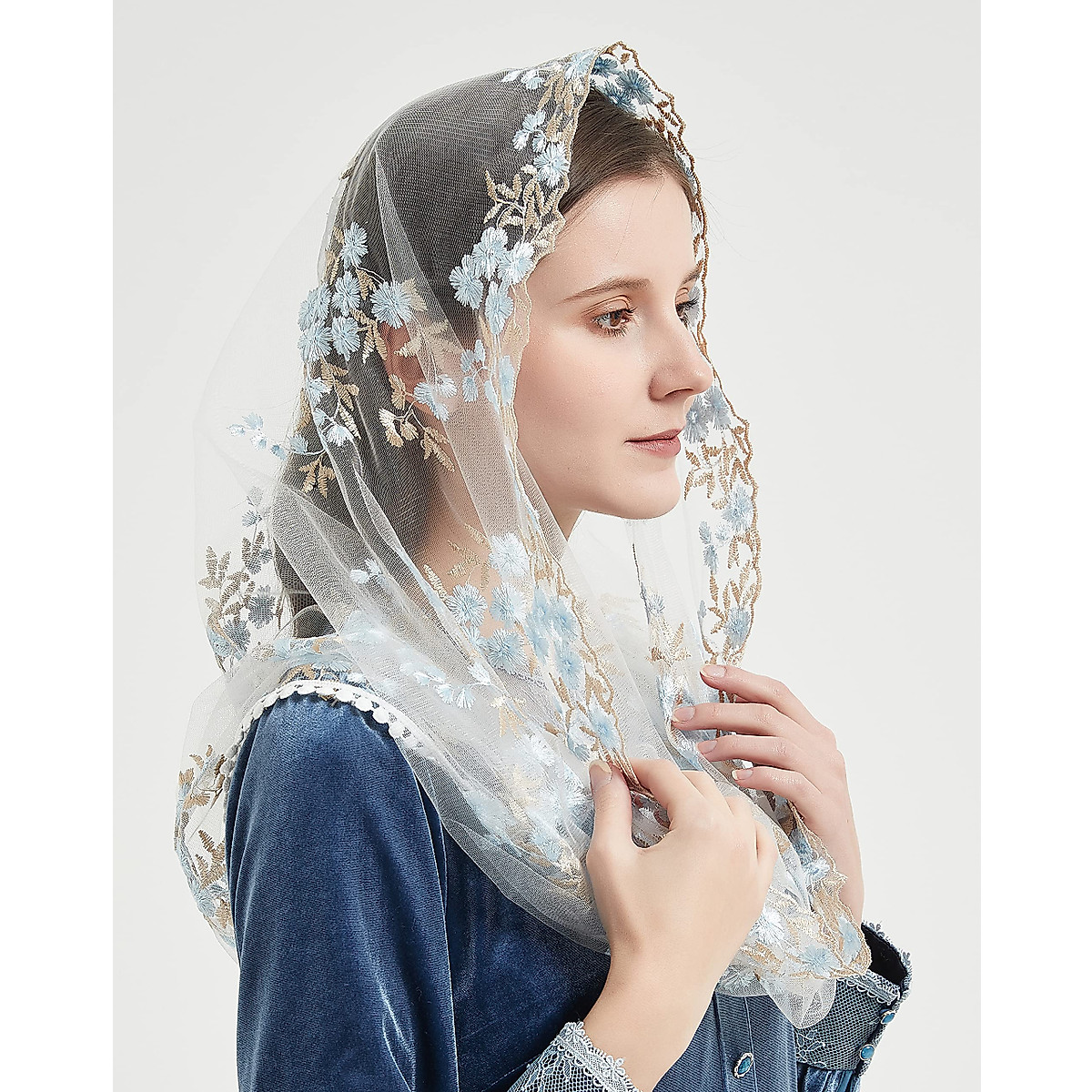 YuRongsxt Lace Infinity Chapel Veil Mantilla Veil Multicolored Embroidered Cherry Blossom Style Latin Mass M7 (Marian Blue+Pale Gold)