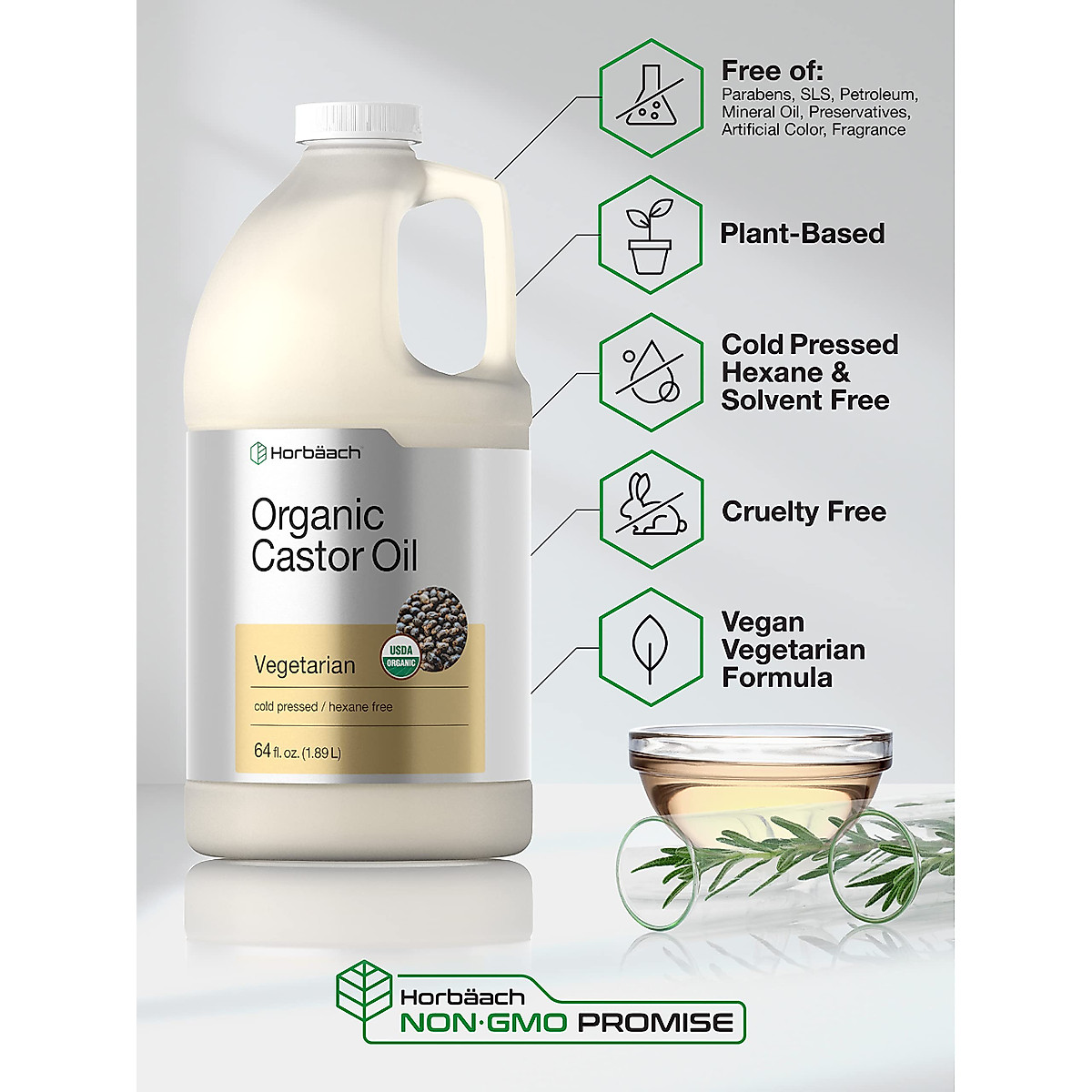 Horbäach Organic Castor Oil 64 fl oz | for Topical Use and Hair | Cold Pressed, Hexane Free | Vegetarian, Non-GMO